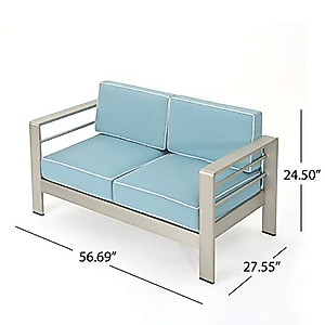 Christopher Knight Home Crested Bay Outdoor Silver Aluminum Framed Chat Set with Water Resistant Cushions, 4-Pcs Set, Light Teal / White / Silver