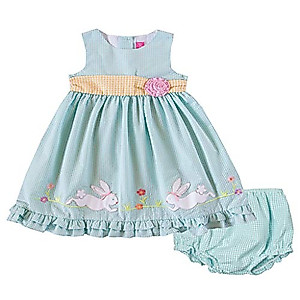 Good Lad Newborn/Infant Girls Turquoise Seersucker Dress with Bunny Appliques and Matching Panty (3/6M)