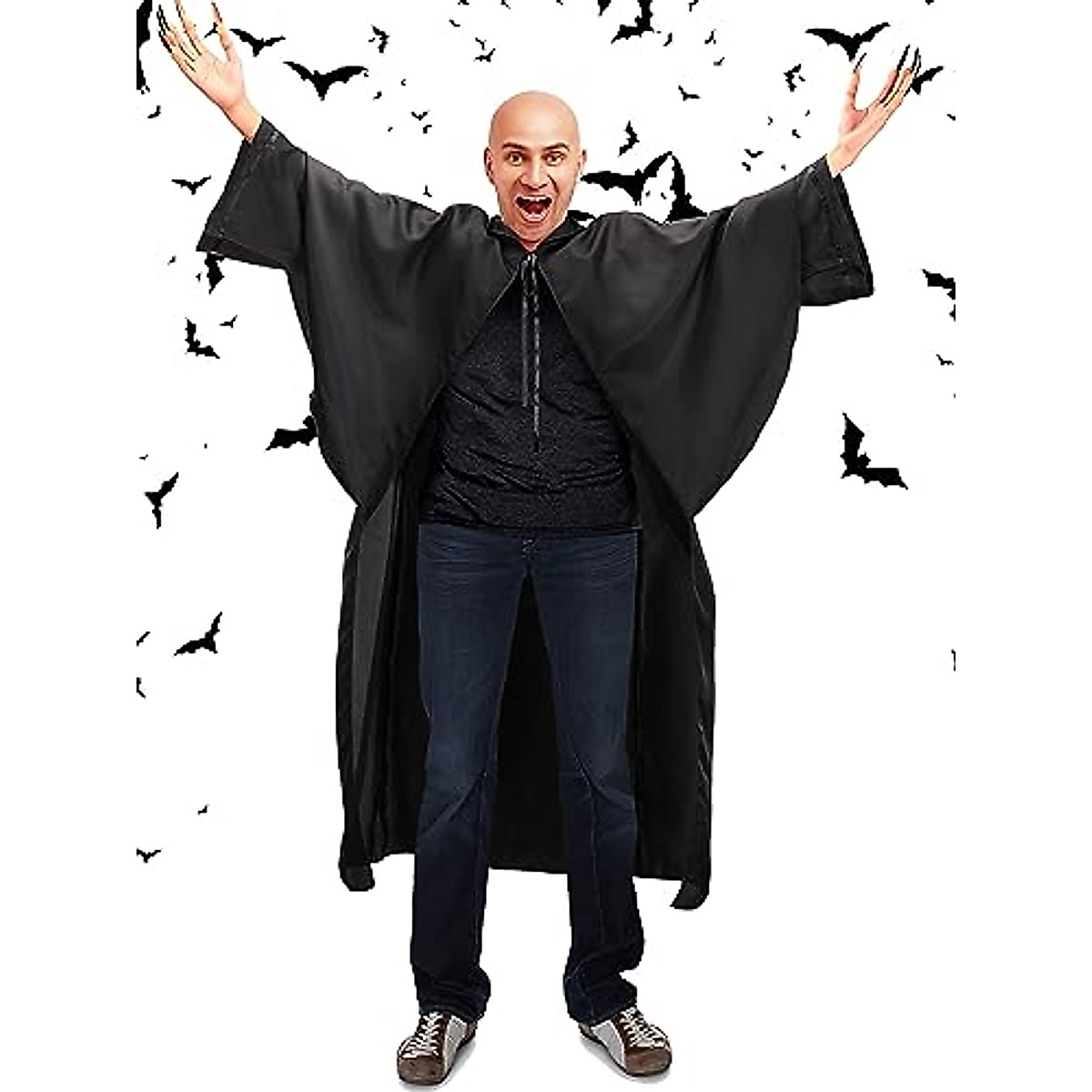 Ramede Halloween Wizard Costume with Black Capes Bald Cap Hairnet and False Nail Finger Tips for Holiday Cosplay Party Men (Large)