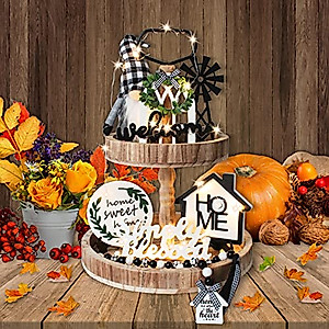 10 Pieces Farmhouse Tiered Tray Decor, Kitchen Decor Black White Plaid Gnome Wooden Mini Sign Table Decoration with String Lights for Farmhouse Rustic Home Kitchen Table Decor Tier Tray Ornaments Set