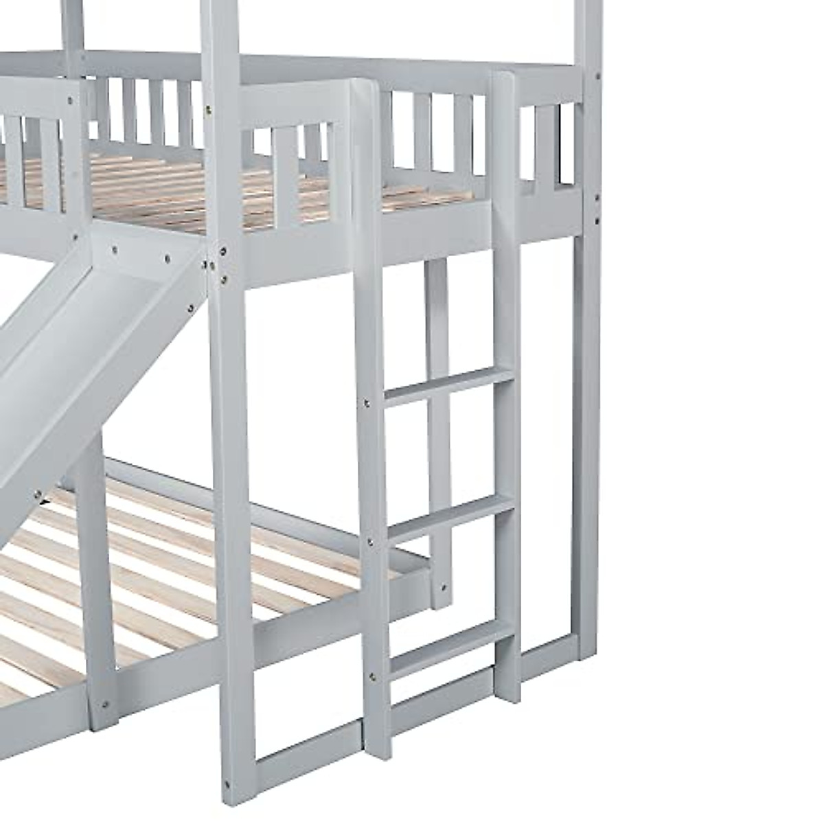 GLORHOME Twin Over Full House Bunk Bed， Detachable to Floor Bedframe and A Loftbed, with Slide, Built-in Ladder,Full-Length Guardrail for Kids Adults,Roof can be Decorated