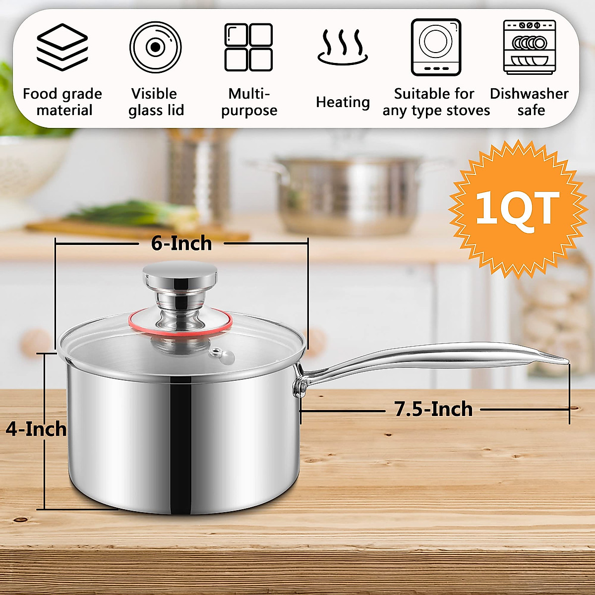 LIANYU 1QT Saucepan, Tri-Ply 18/10 Stainless Steel Sauce Pan with Lid, 1 Quart Cooking Pot for Pasta Soup, Small Induction Cookware with Ergonomic Handle, Heavy Duty, Dishwasher Safe