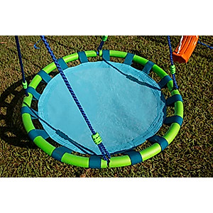 Fitness Reality Kids 6 Station Sports Metal Swing Set for Backyard with Slide Seesaw, Saucer Swing, Basketball Hoop, and Soccer Rebounder (8413)