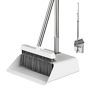 JOYMOOP Broom and Dustpan Set, Upright Standing Brooms for Sweeping Indoor, Light Weight Stainless Steel can be Hung on The Wall, Suitable for Pet Hair, Carpet, Floor