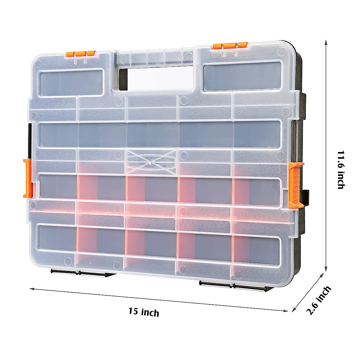 MIXPOWER 15-inch 2pcs Toolbox Organizer Sets, 20 Removable Dividers, Durable Plastic Box, Excellent for Screws, Nuts, Small Parts, 34-Compartment Black/Orange 2 Pieces Set