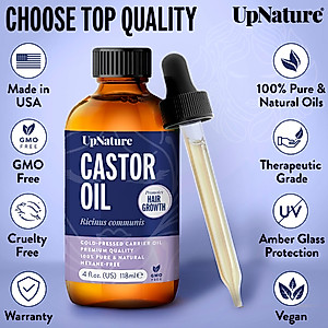 UpNature Castor Oil 4oz- 100% Pure for Hair, Eyelashes & Eyebrows- Cold Pressed, Hexane Free, Made in USA- Stimulate Hair Growth Moisturize Skin/ Scalp-12pc Treatment Kit w Spoolies Dropper
