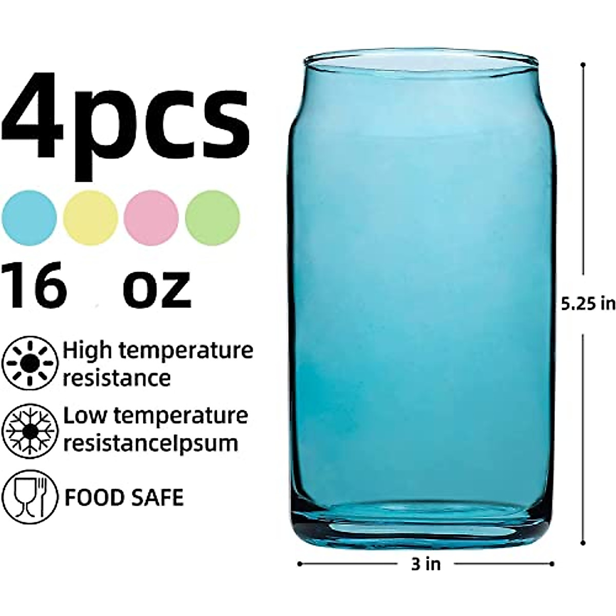 Amzcku Colored Drinking Glasses, 16 oz Can Glass, Cute Iced Coffee Cup Tumblers, Soda, Tea, Beer, Water, Cold Drink Glassware, Cocktail Glass, Set of 4