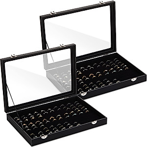 Yinkin 2 Pcs 100 Slots Ring Organizer Box with Transparent Glass Lid Necklace Display Tray Ring Case Velvet Jewelry Holder (Black,Ring)