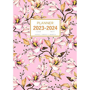 Planner June 2023-2024 May: A4 Large Notebook Organizer with Hourly Time Slots | Watercolor Magnolia Flower Design Pink