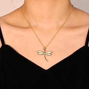 FANCIME Yellow Gold Plated Sterling Silver Opal Dragonfly Necklace Long Chain Charm Dainty Pendant October Birthstone Jewelry for Women 16"+2"