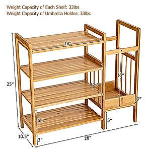 Giantex 4-Tier Bamboo Shoe Rack, Multifunctional Storage Stand, Entryway Organizer w/ Umbrella Holder & Storage Shelves, Ample Storage Space, Freestanding Shoe Shelf for Living Room, Hallway