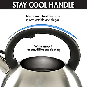 Primula Avalon Whistling Stovetop Tea Kettle Food Grade Wide Mouth, Fast to Boil, Cool Touch Handle, 2.5-Quart, Brushed Stainless Steel