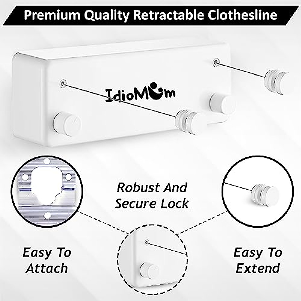 Idiomum Double Retractable Clothesline Indoor Outdoor 13.8 ft (2X) Heavy Duty Laundry Line with Stainless Steel String - Clothesline Retracting Indoor - Clothes Drying Line Holds up to 44 lb