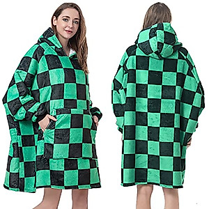 ARTHMOM Comfy Wearable Blanket Hoodie for Women Men Adult, Oversized Sherpa Fuzzy Fleece Sweatershirt Blanket with Giant hood and Pocket, One Size Fits All (Plaid-Green)