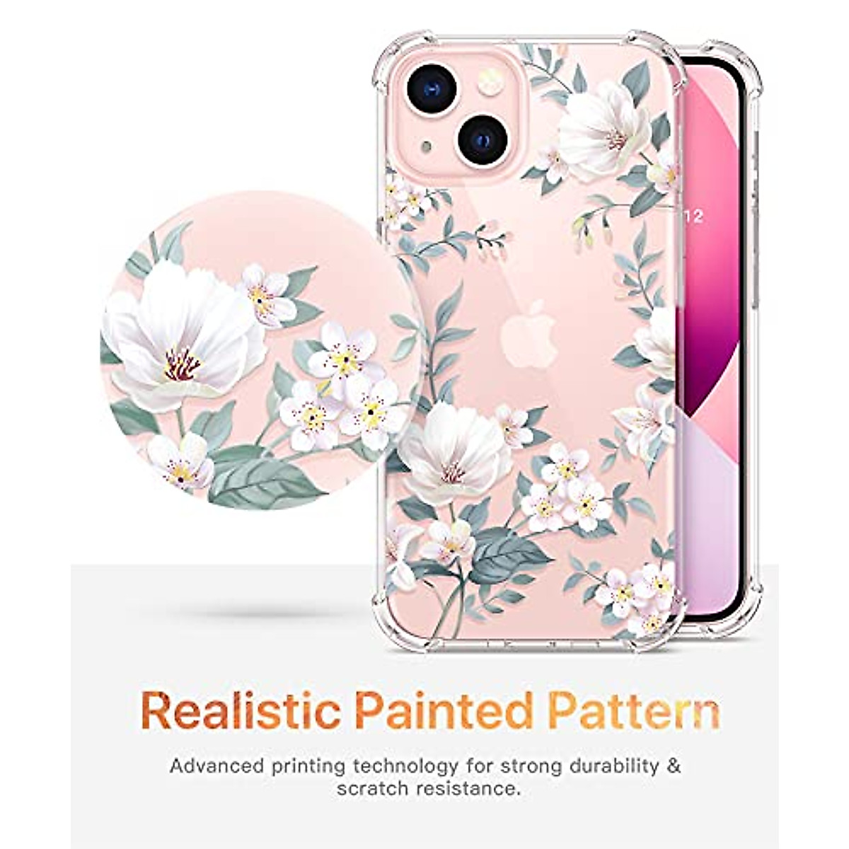 GVIEWIN Designed for iPhone 13 Case 6.1 Inch, with Tempered Glass Screen Protector + Camera Lens Protector Clear Flower Soft & Flexible Shockproof Floral Women Phone Cover（Magnolia/White）