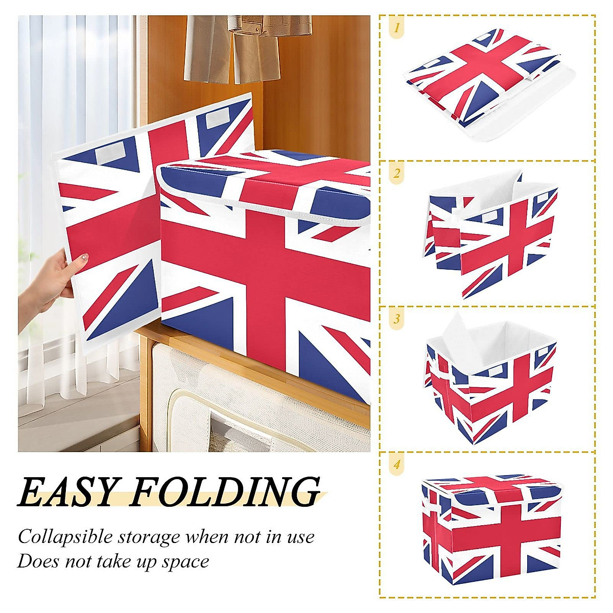 ALAZA British Flag Patriotic Storage Baskets Collapsible Storage Bins with Lids,Foldable Storage Boxes Clothes Baskets for Organizing Bedroom,Toys,16.5x12.6x11.8 Inch