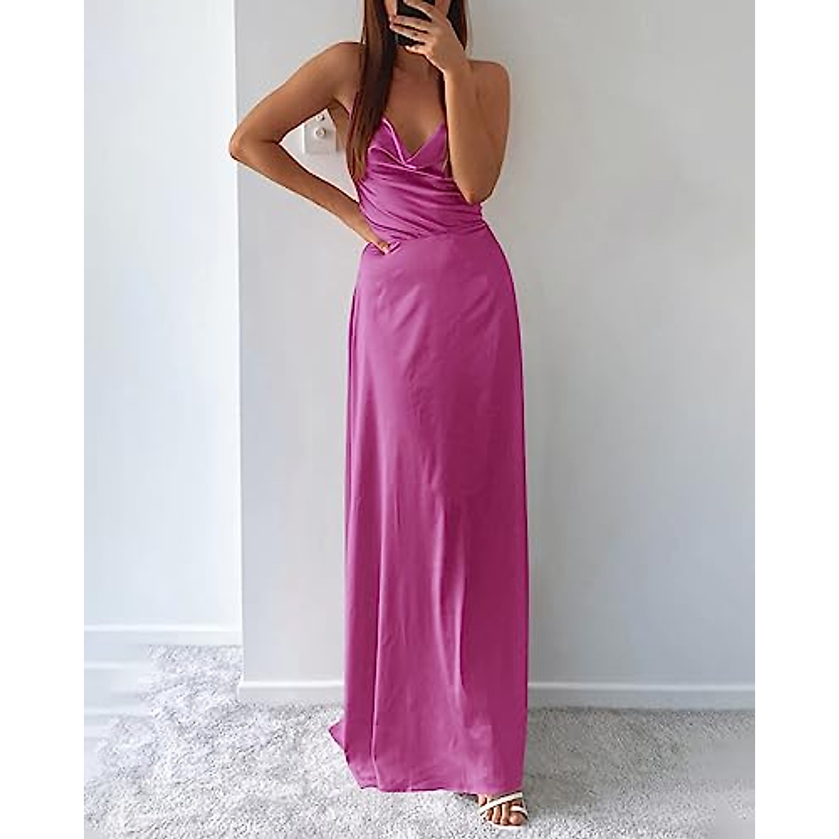 PRETTYGARDEN Women Summer Sexy Cowl Neck Spaghetti Strap Sleeveless Long Satin Dress Slit Club Slip Maxi Dresses 2023(Solid Purple,Small)
