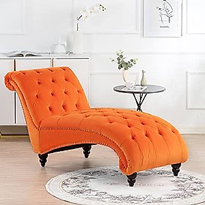 Fulocseny Tufted Velvet Chaise Lounge Indoor,Leisure Accent Chair Upholstered Couch,Velvet Chaise Lounge Chair,Tufted Armless Chaise Lounge,Velvet Fabric+Wood Frame+Foam +Wood Legs (Orange)