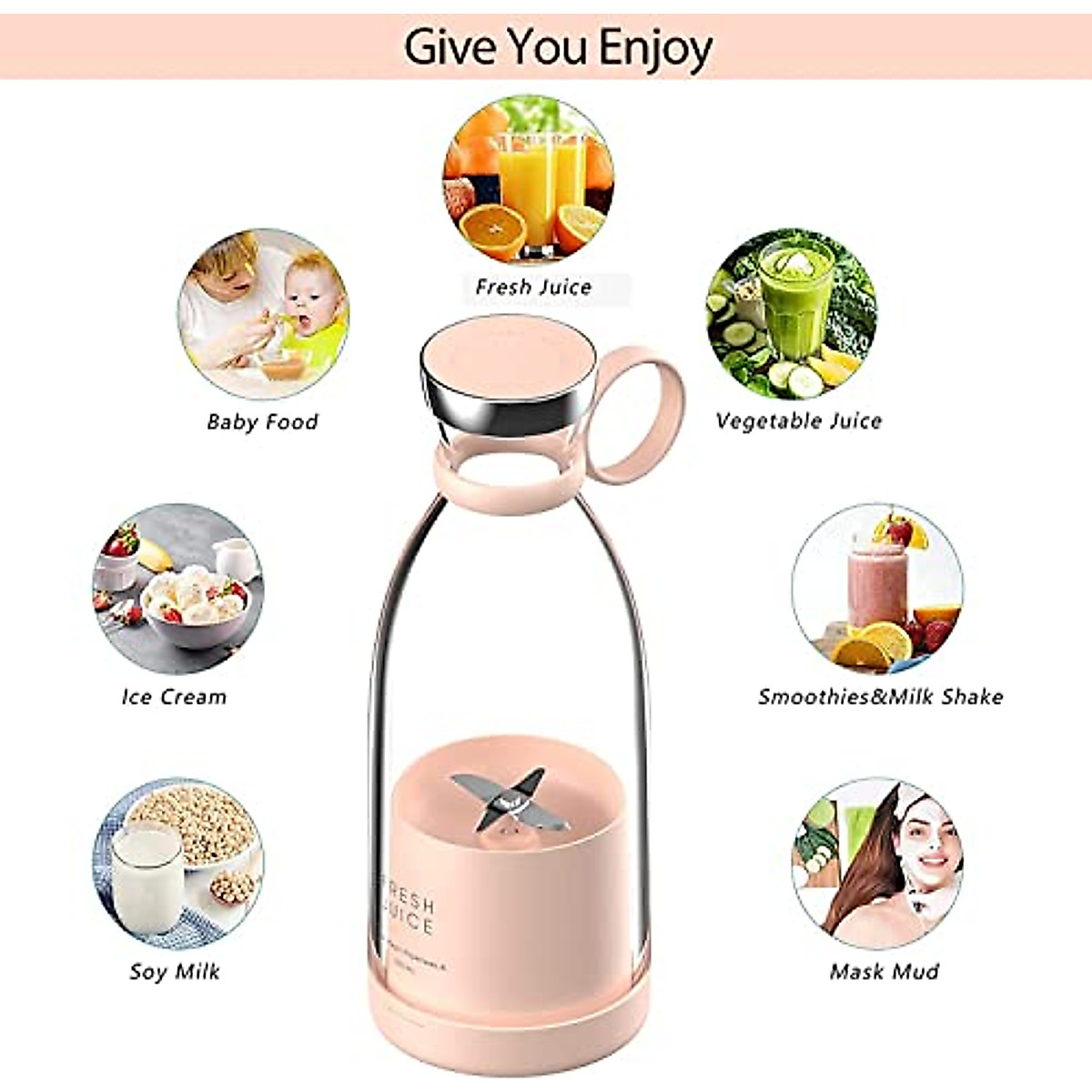 Personal Size Blender, Portable Blender, Battery Powered USB Blender, with Four Blades, Mini Blender Travel Bottle for Juice, Shakes, and Smoothies (Pink)