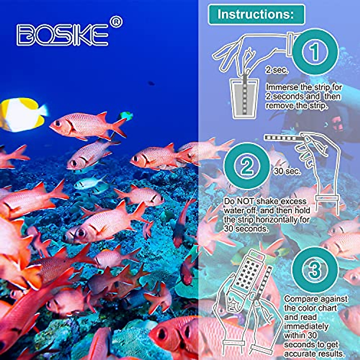 BOSIKE 6 in 1 Aquarium Test Strips Kit - 125 Fresh Water Fish Tank Tester Strips for Total Hardness, Nitrate, Nitrite, Cl2, Carbonate & ph Testing