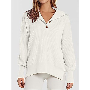 ANRABESS Women's 2023 Fall Sweater Lapel Collar V Neck Button Long Sleeve Drop Shoulder Oversized Ribbed Knit Comfy Loose Casual Slouchy Pullover Shirt Jumper Top with Slit757mibai-M White