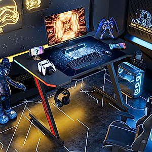 Homall Gaming Computer Desk with Carbon Fiber Surface, Gaming Table Z Shaped PC Home Office with Cup Holder&Headphone Hook(47 in, Black, Led Light)