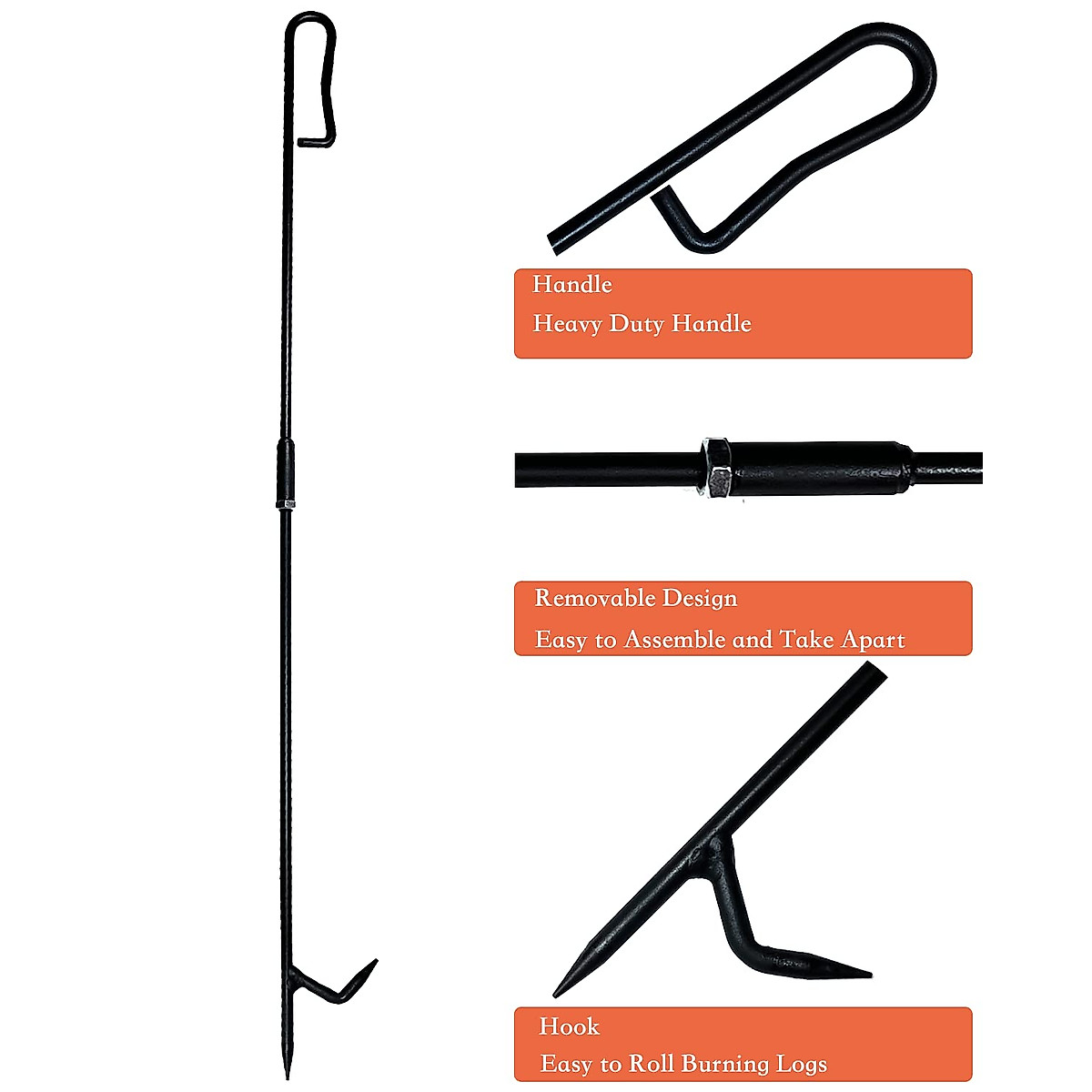 Fire Poker for Fire Pit. Fireplace Poker with Upgrade Removable Design. Premium Solid Steel Fire Pit Poker is The Best Fire Pit Accessories for Fireplace Camping Wood Stove Indoor and Outdoor Black