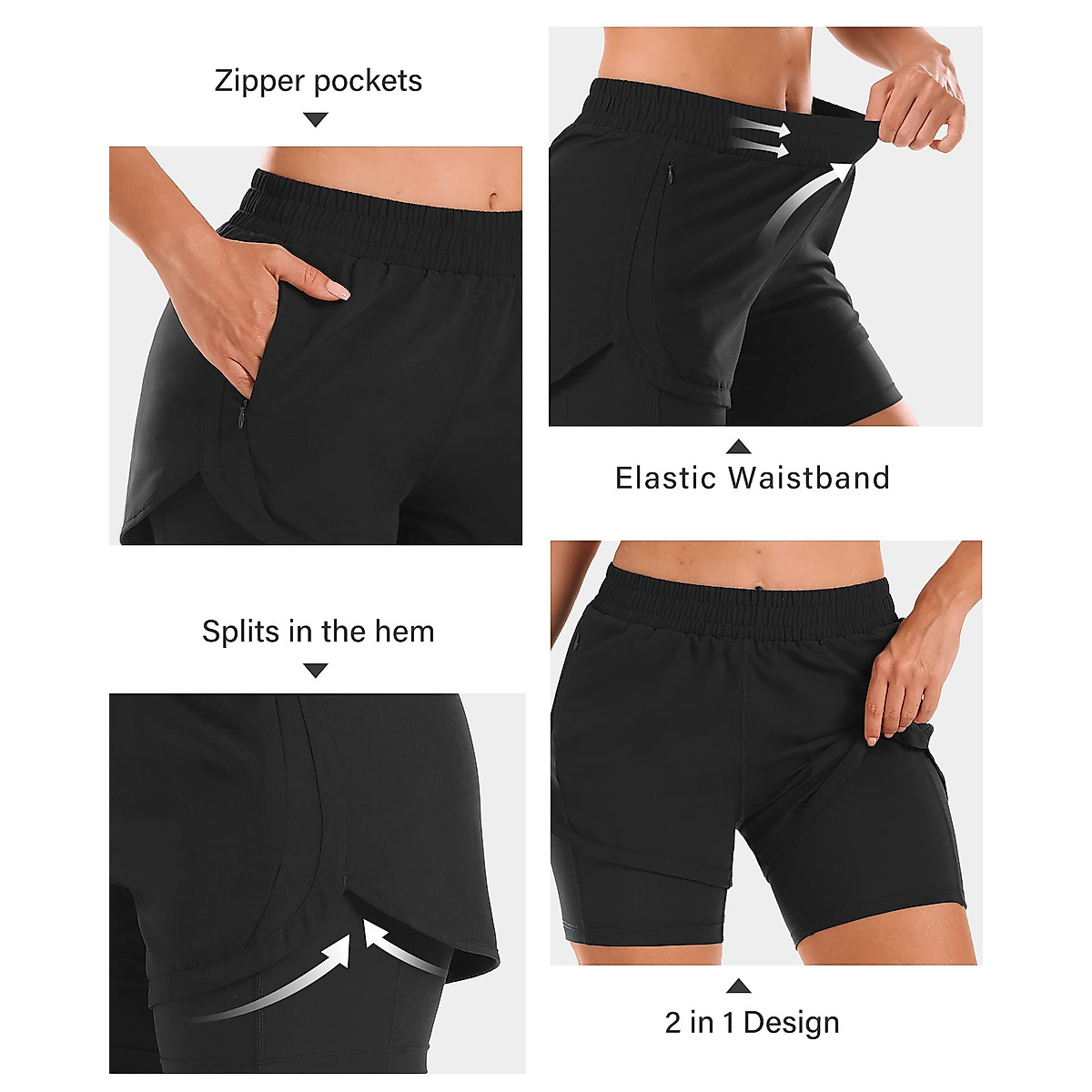 Stelle Women 2 in 1 Running Shorts High Waisted Athletic Shorts Gym Workout Shorts with Liner Zipper Pockets (Black, M)