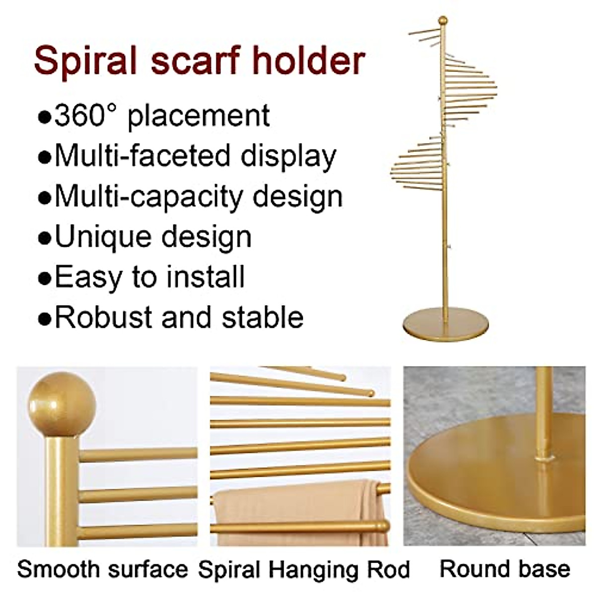 Spiral Scarf Rack, Floor Standing Scarf Shelf, Commercial Clothing Display Rack with 30 Hanger Rods, Suitable for Wardrobe Storage, Bedrooms, Clothing Shops and Dormitories (Gold)