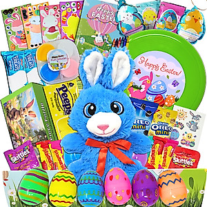 Easter Care Package for Kids - Prefilled Complete with Toys & Candy, Pre-made Basket Fillers Stuffed Box, Boys, Girls, Adults, teens,toddler, Premade Easter Baskets, Easter Baskets (Blue Bunny)