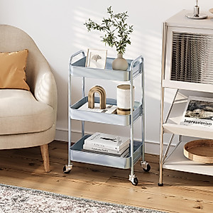 TOOLF 3-Tier Rolling Cart, Easy Assembly Metal Utility Cart with Lockable Wheels, Storage Craft Art Cart Trolley Organizer Serving Cart for Office, Bathroom, Kitchen, Kids' Room, Green