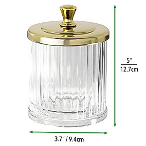 mDesign Fluted Bathroom Vanity Storage Organizer Canister Apothecary Jar for Cotton Swabs, Rounds, Balls, Makeup Sponges, Bath Salts - 2 Pack - Clear/Soft Brass