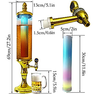 Drink Tower Dispenser with Ice Tube and LED Light - 3.2 Qt./3 L, Margarita Mimosa Tower Drink Dispenser with Tap, Freeze Tube Keep Beverages Cold, Perfect for Party Bar Gameday(Gold)