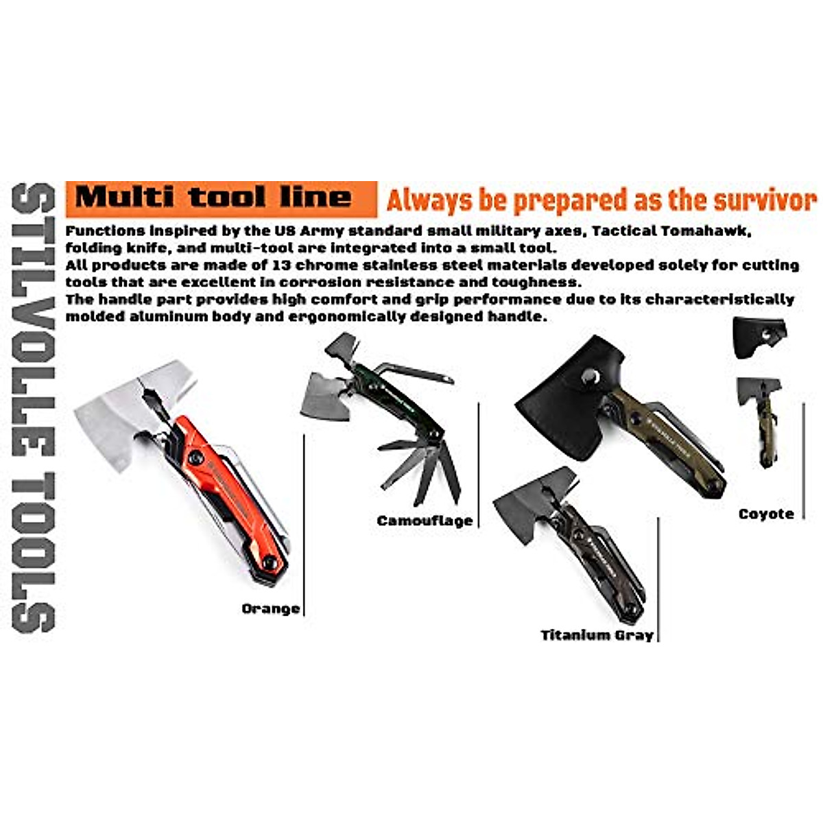 Stilvolle tools Axe 9 ax with 9-Featured Multi-Tool Hammer, Wrench, Wire Cutter, ax, Bottle Opener, Phillips Screwdriver, Flat-Blade Screwdriver, Nail File, Saw, Knife (Orange)