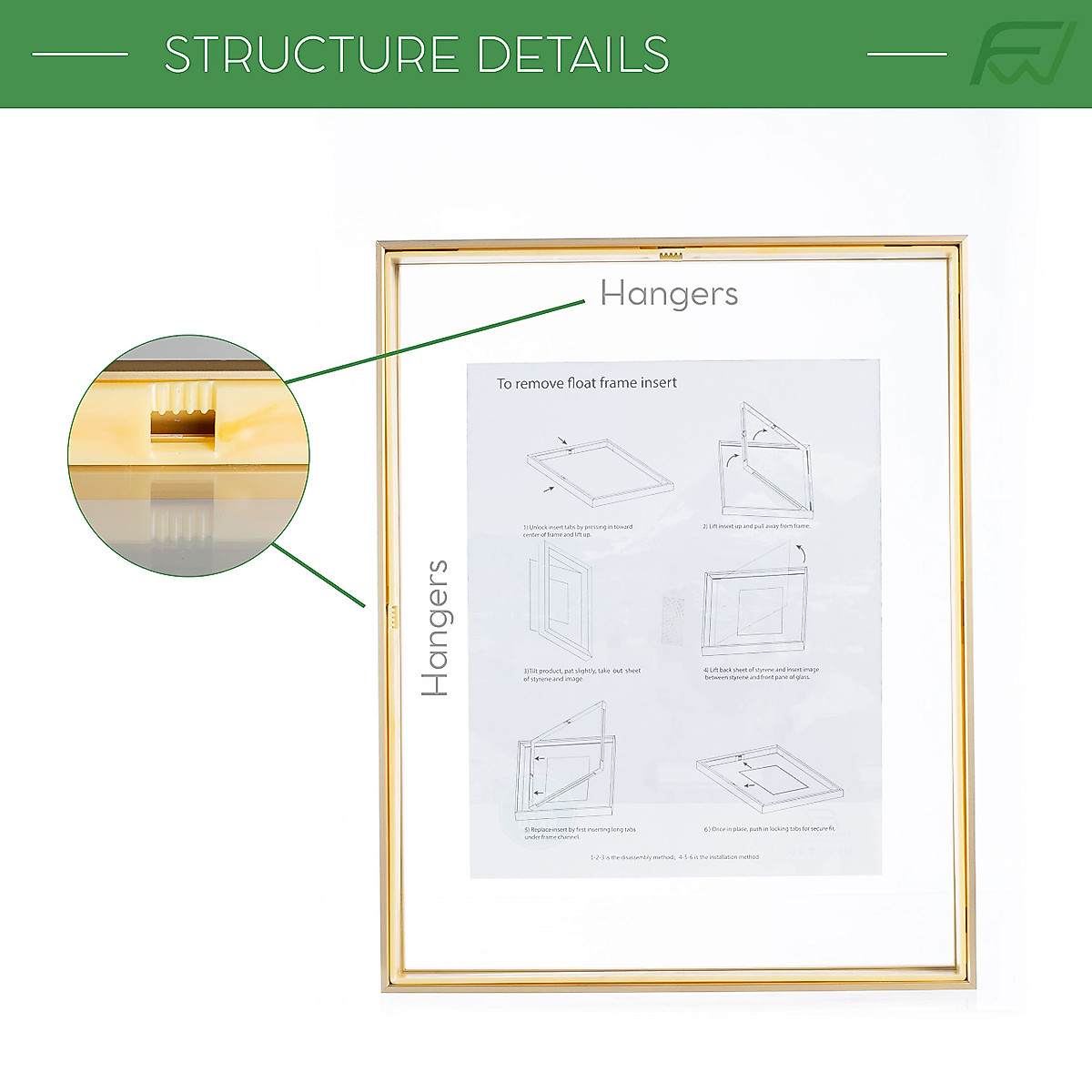 FrameWorks 11”x14” Deluxe Brass Gold Aluminum Contemporary Style Floating Picture Frame with Tempered Glass