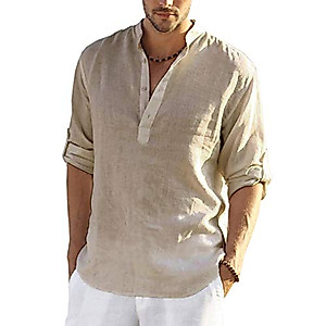 COOFANDY Mens Cotton Linen Henley Hippie Casual Beach T Shirt, Khaki, Medium, Long Sleeve