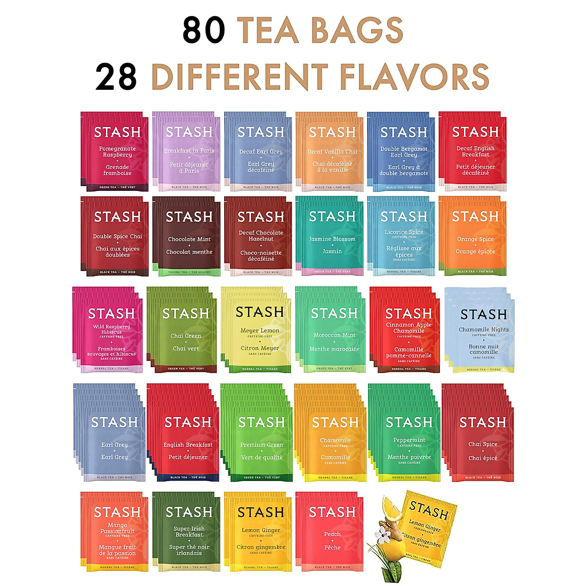 Eva's Gift Universe, Stash Tea Bags Sampler Assortment Box (80 Count) 28 Flavors Perfect Variety Pack in Wood (MDF) Gift Organizer Storage Gifts for Mom Dad Family Friends Coworker Women Men (Brown)