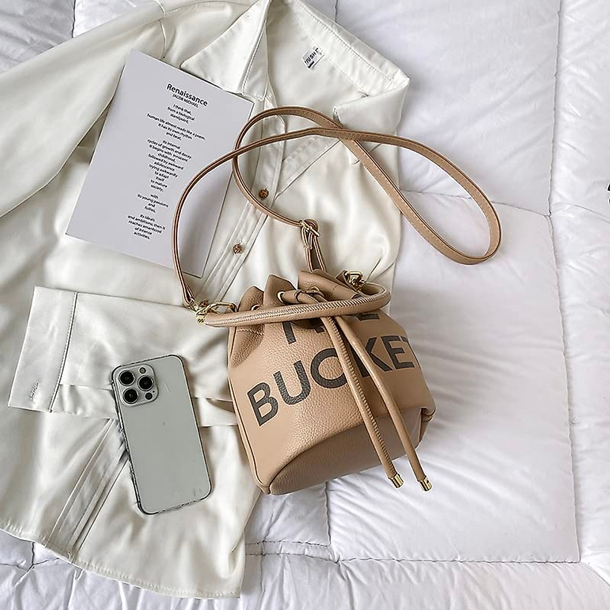 Small Bucket Bag for Women, Leather Bucket Bag Purses, Crossbody/Handbag/Hobo Bag(7.9 * 7.9 * 8.3in) (Khaki)