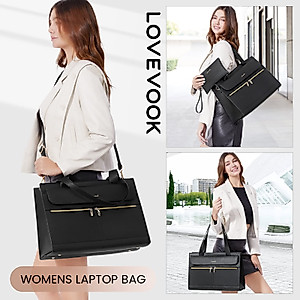 LOVEVOOK Laptop Bag for Women 15.6 Inch Laptop Tote Work Bag Professional Leather Computer Briefcase Waterproof Handbag Shoulder Bag Large Capacity Business Teacher Office Bag Crossbody Purse,Black