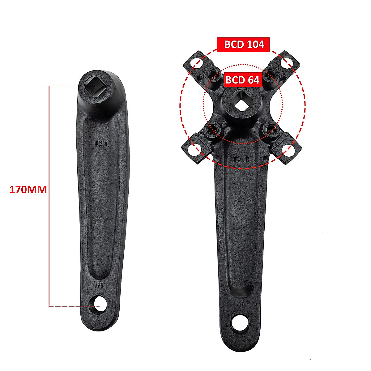 BUCKLOS Double/Triple 64/104 BCD Square Taper Bike Crankset - 2x/3x Mountian Bike MTB 170mm Bicycle Cranksets with 22/24/26/32/38/42/44T Chainring for 8/9/10 Speed