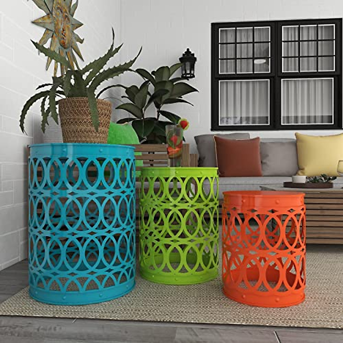 Deco 79 Metal Indoor Outdoor Nesting Accent Table with Carved Trellis Design, Set of 3 22", 18", 15"H, Multi Colored