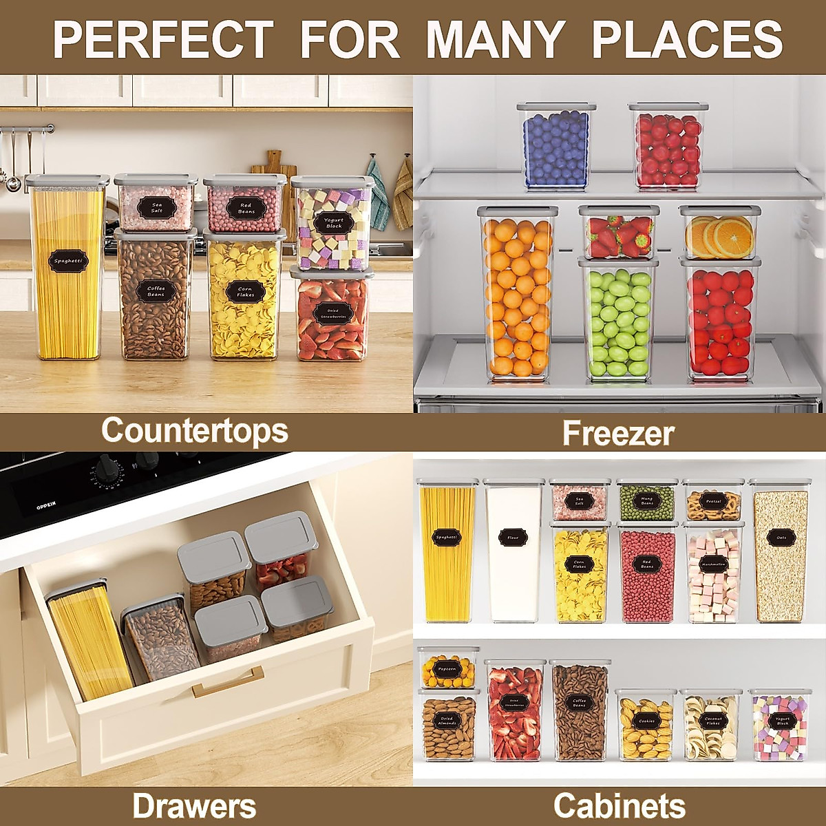 Homhut Airtight Food Storage Containers With Lids 15pcs Organization Canisters Kitchen Bpa Free Plastic Pantry Containers Storage Set for Pasta, Cereal, Dry Food, Flour and Sugar-60 Labels