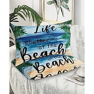 Life is Better at The Beach Pillow Covers Standard Size Set of 2 Bed Pillow, Summer Blue Ocean Tropical Plants Plush Soft Comfort for Hair/ Skin Cooling Pillowcases with Envelop Closure 20''x26''