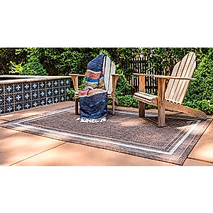 Unique Loom Outdoor Border Collection Area Rug - Soft Border (9' x 12' Rectangle, Brown/ Ivory)