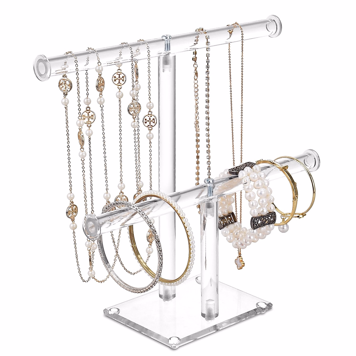 MOOCA Deluxe Clear Acrylic Jewelry Organizer, 2 Tier T-Bar Bracelet Holder, Acrylic Necklace Holder, Jewelry Holder, Jewelry Organizer Stand, Premium Quality with Enhanced Transparency