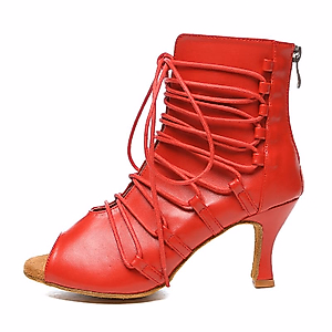 AOQUNFS Women's Peep Toe Latin Dance Boots Salsa Ballroom Party Ankle Dance Shoes,L580,Red-6, US 9