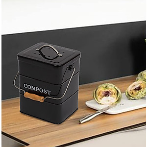 Compost Bin Kitchen Countertop Indoor Compost Pail Bucket, Great for Food Scraps, Carbon Steel, Handles, Black, 1 Gallon - Includes Charcoal Filter