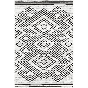 Syalife Boho Area Rug, Non Shedding 8x10 Washable Rug with Non Slip Backing, White and Black Modern Geometric Carpet, Indoor Bohemian Rug for Living Room Entryway Bedroom Kitchen - White, Black