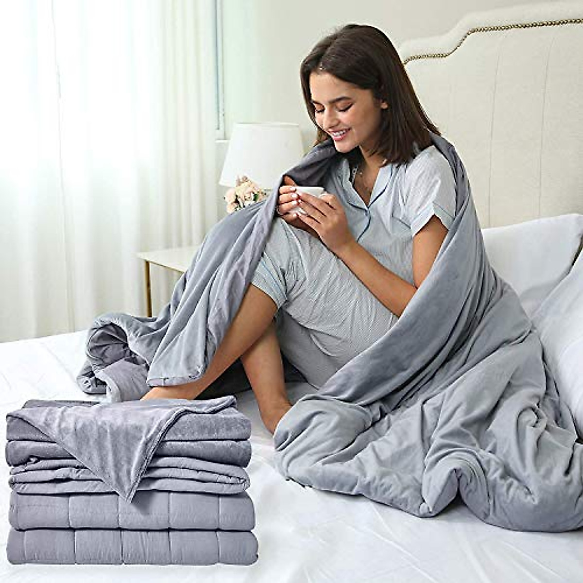 Adult Weighted-Blanket 15 lbs Gray - 60''x80'' Heavy Full/Queen Size 2 Piece Set, Glass Beads Filled Premium Calming Weighted Blanket with Soft Removable Cotton Mink Duvet Cover