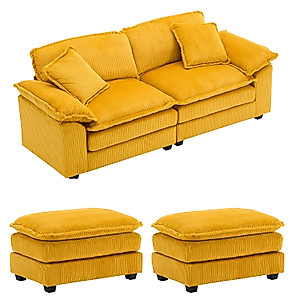 Corduroy Sectional Couch, 84“ Width Oversize Loveseat Sofa, Comfy Plush Cloud Couch Lounge Chair with Ottomans and 2 Pillows for Small Spaces, Living Room, Bedroom, Office Easy to Install (Yellow)